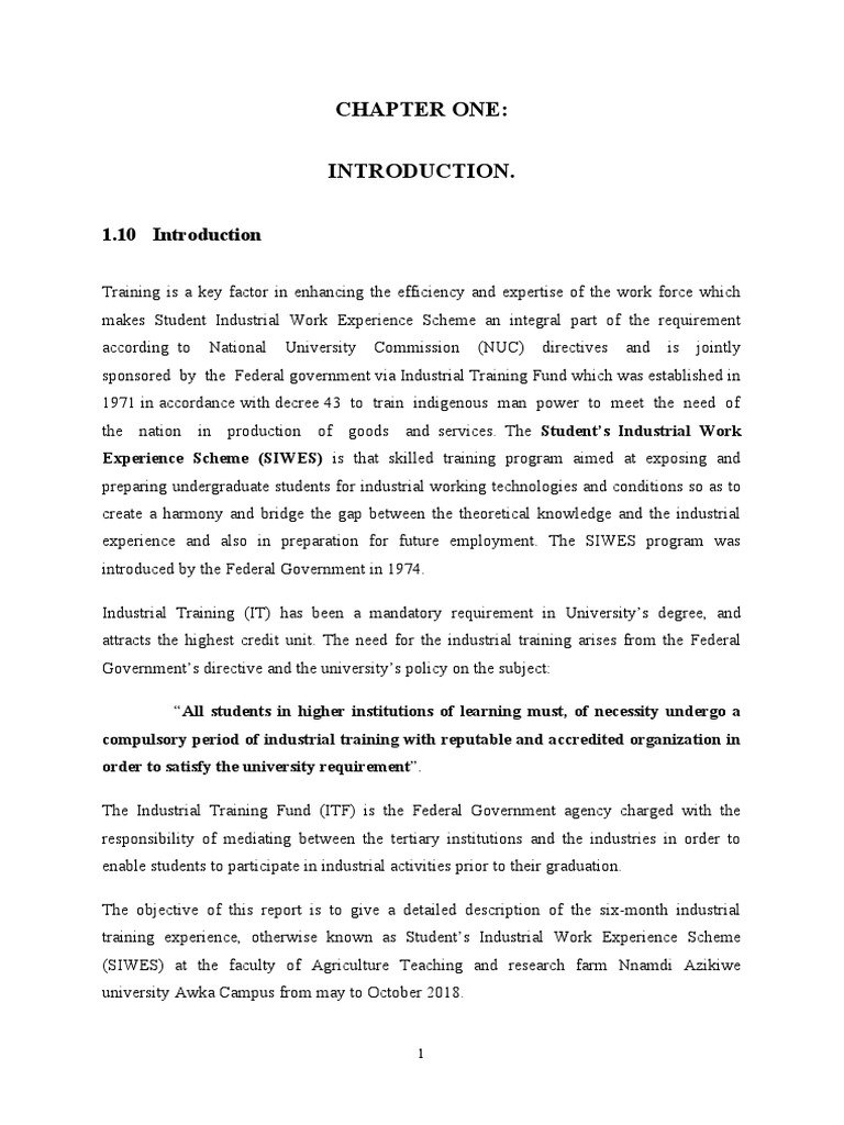 Chapter One:: Experience Scheme (SIWES) Is That Skilled Training Program Aimed at Exposing and ...