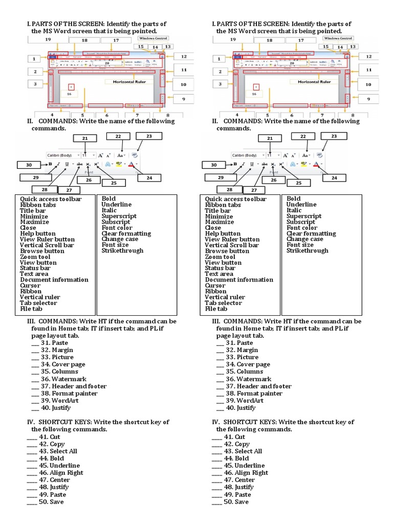 PARTS OF THE SCREEN MS Word Quiz | PDF | Microsoft Word | Writing