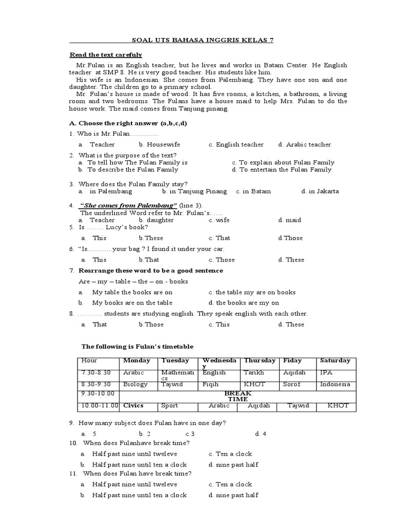 Soal Uts Bahasa Inggris Kelas 7 | PDF | Classroom