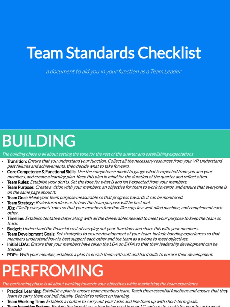 Team Standards Checklist: A Document To Aid You in Your Function As A ...