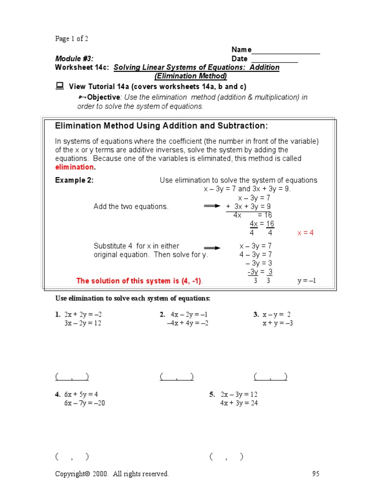 Elimination Method Worksheets 445428 | Simultaneous Equations