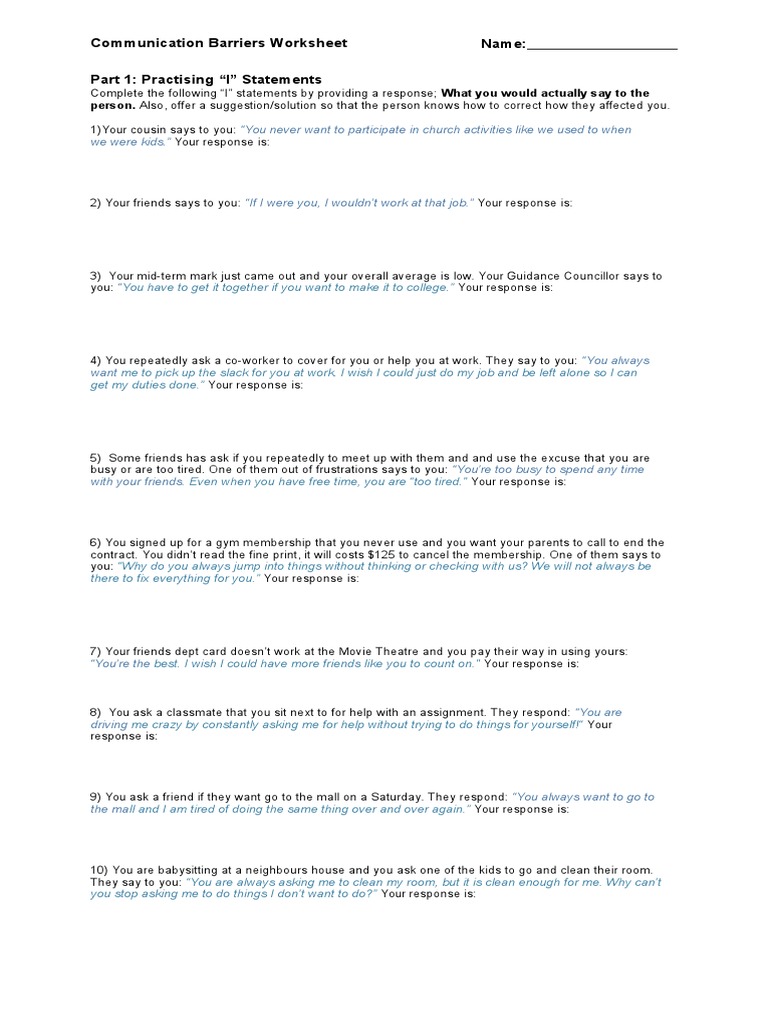 I Statements Communication Worksheet