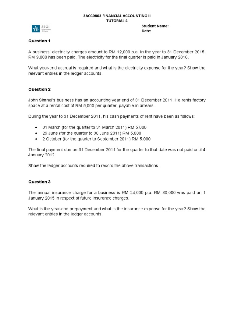 Tutorial 4 - Accruals and Prepayment - 41624 | PDF | Accrual | Corporations