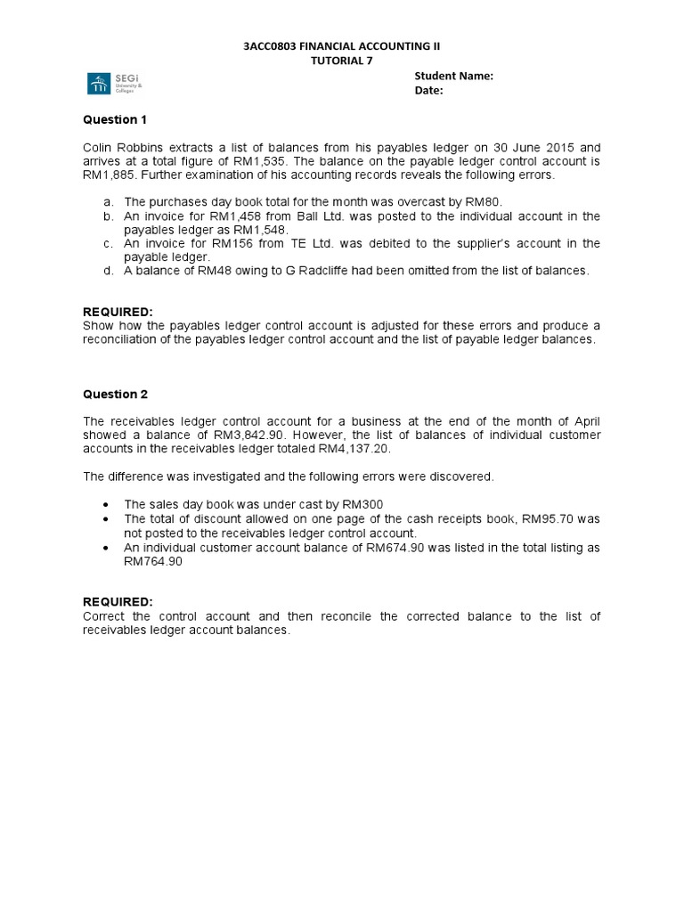 Tutorial 7 - Control Accounts - 40138 | PDF | Ledger | Accounts Payable