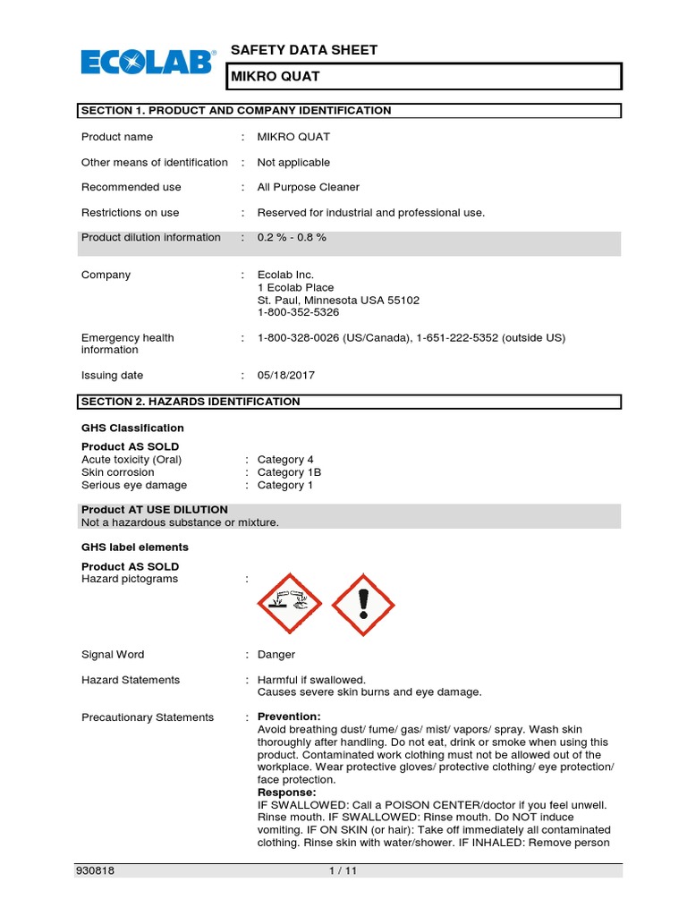 Safety Data Sheet Mikro Quat: Section 1. Product and Company ...