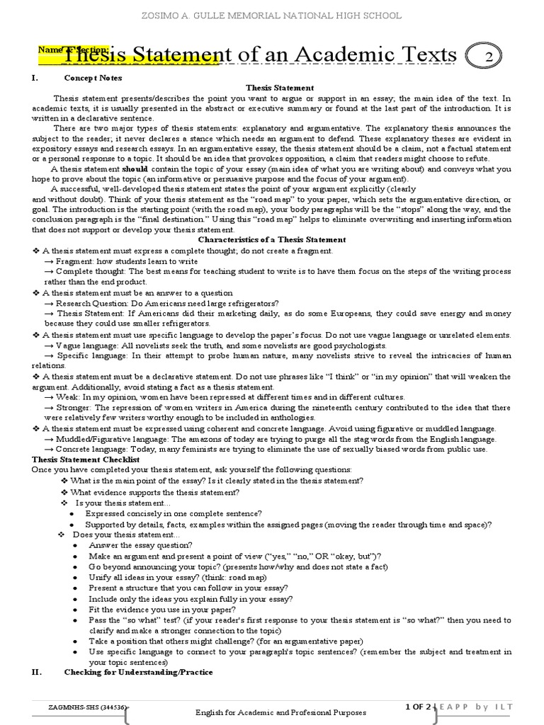 EAPP 02 - Thesis Statement of An Academic Textsts | PDF | Huckleberry ...