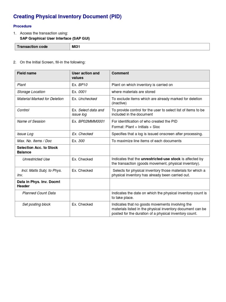 Creating Physical Inventory Document (PID) : SAP Graphical User ...
