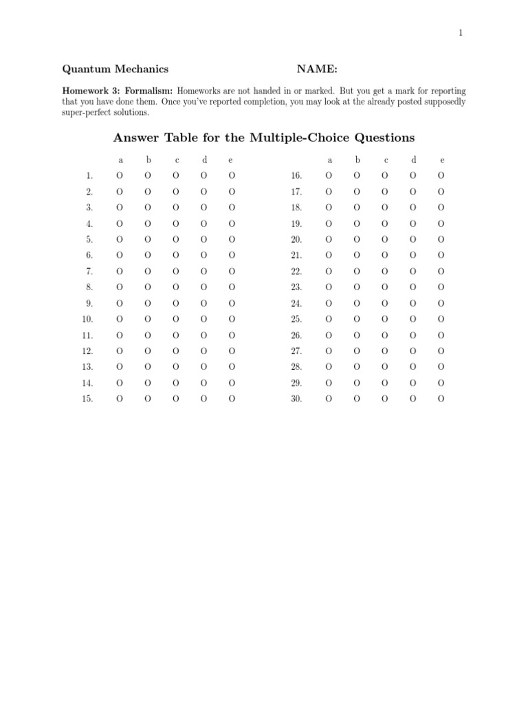 Answer Table For The Multiple-Choice Questions: Quantum Mechanics Name ...