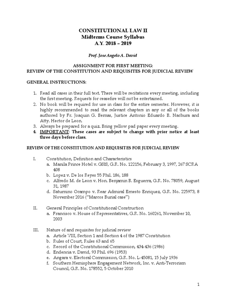 Revised First Half Course Syllabus in Constitutional Law Ii 2018 2019 ... Revised First Half Course Syllabus in Constitutional Law Ii 2018 2019 ...