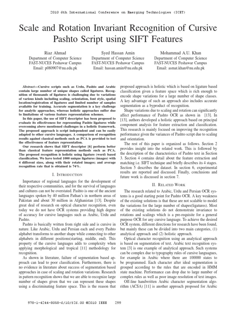Scale and Rotation Invariant Recognition of Cursive Pashto Script Using SIFT Features | PDF ...