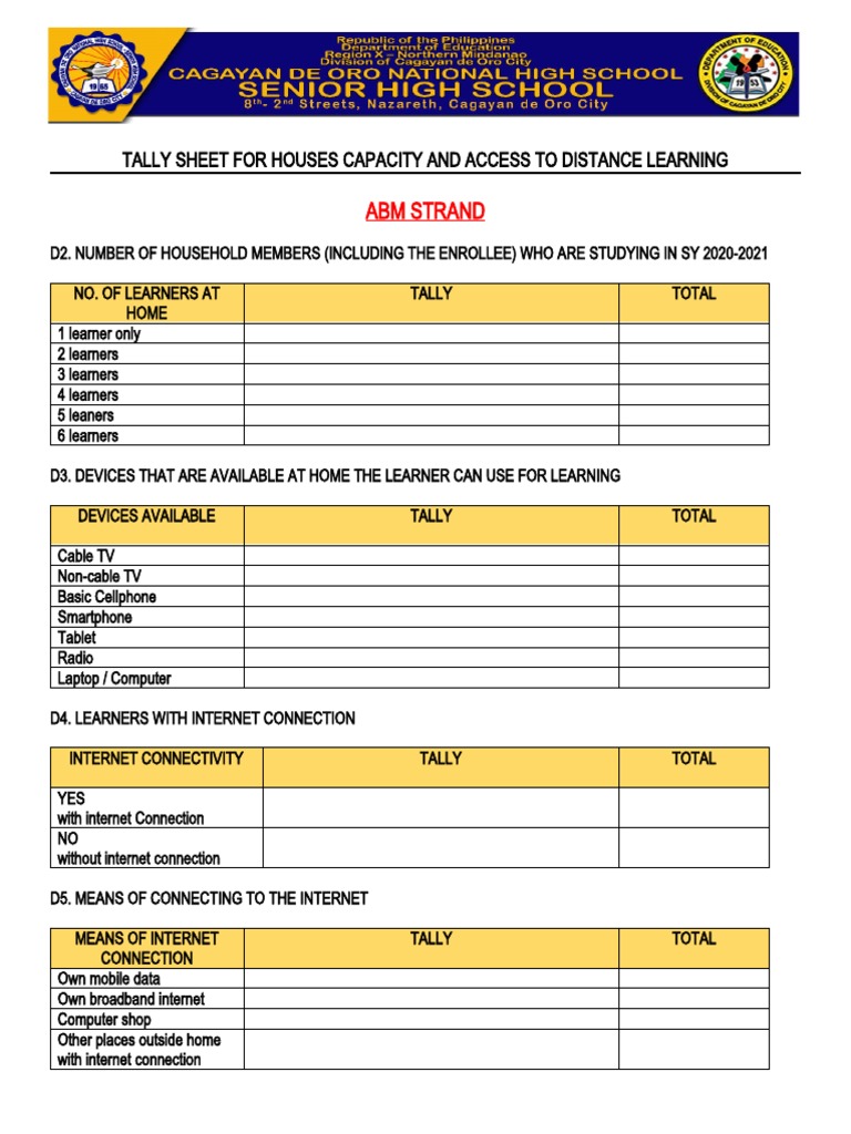 Tally Sheet for Houses Capacity and Access to Distance Learning | PDF