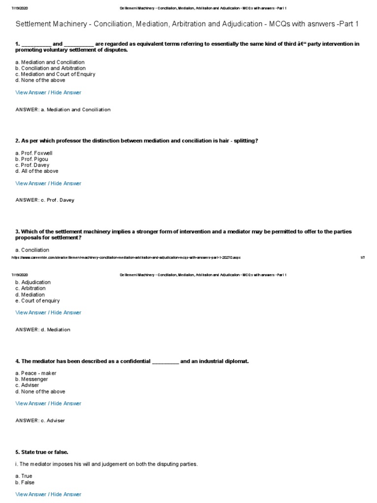 Settlement Machinery - Conciliation, Mediation, Arbitration and ...