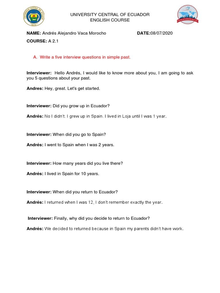 A. Write A Five Interview Questions in Simple Past | PDF