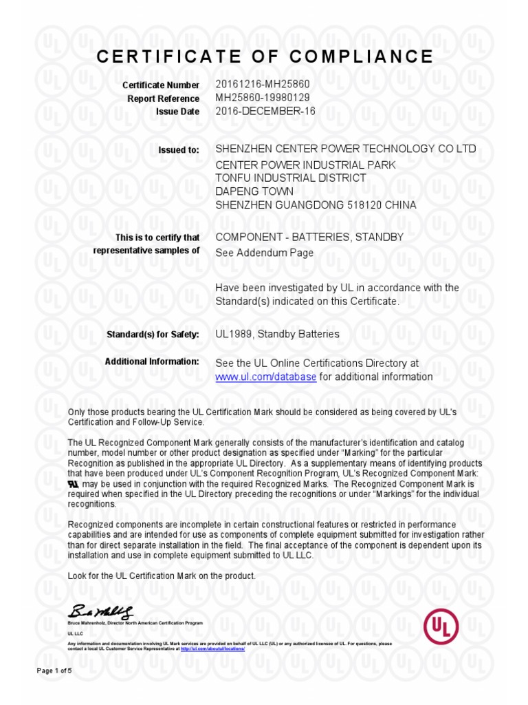 UL 1989 Certification for Batteries | PDF | Business