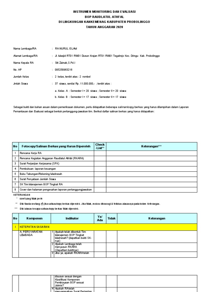 Instrumen Monev Bop Tahun 2019 | PDF