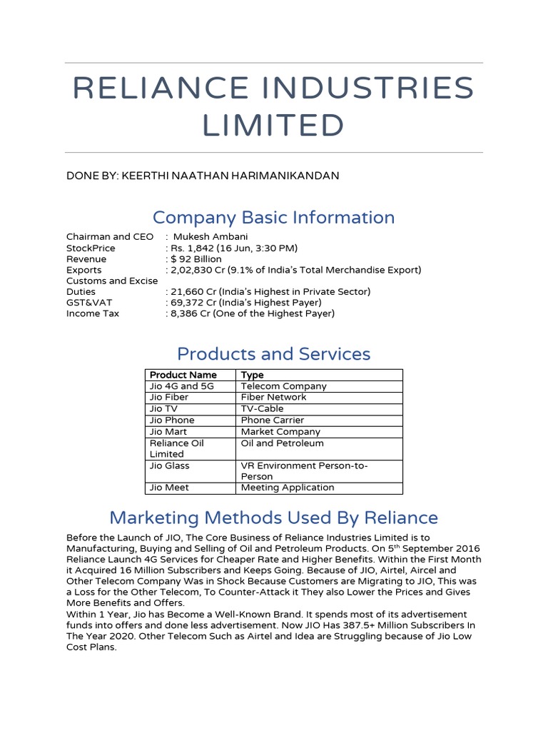 Reliance Industries Limited: Company Basic Information | PDF | Value ...