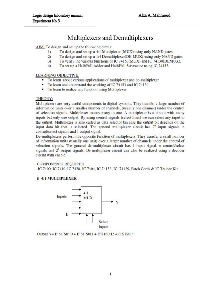 Multiplexers and Demultiplexers: Logic Design Laboratory Manual Experiment No | PDF