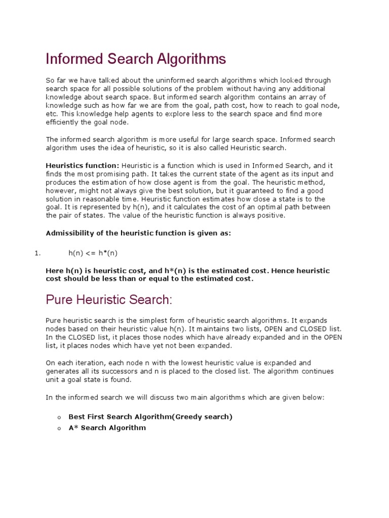 Informed Search Algorithms Pdf Theoretical Computer Science Algorithms And Data Structures