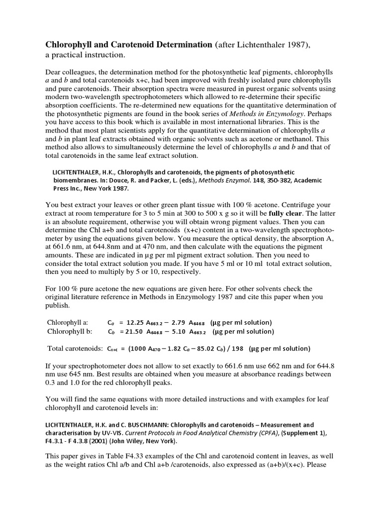 Chlorophyll and Carotenoid Analysis Guide | PDF | Chlorophyll | Carotenoid