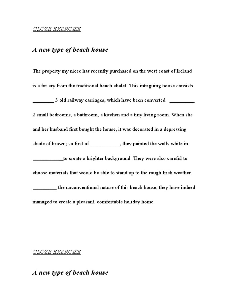 A New Type of Beach House: Cloze Exercise | PDF | Cooking, Food & Wine ...