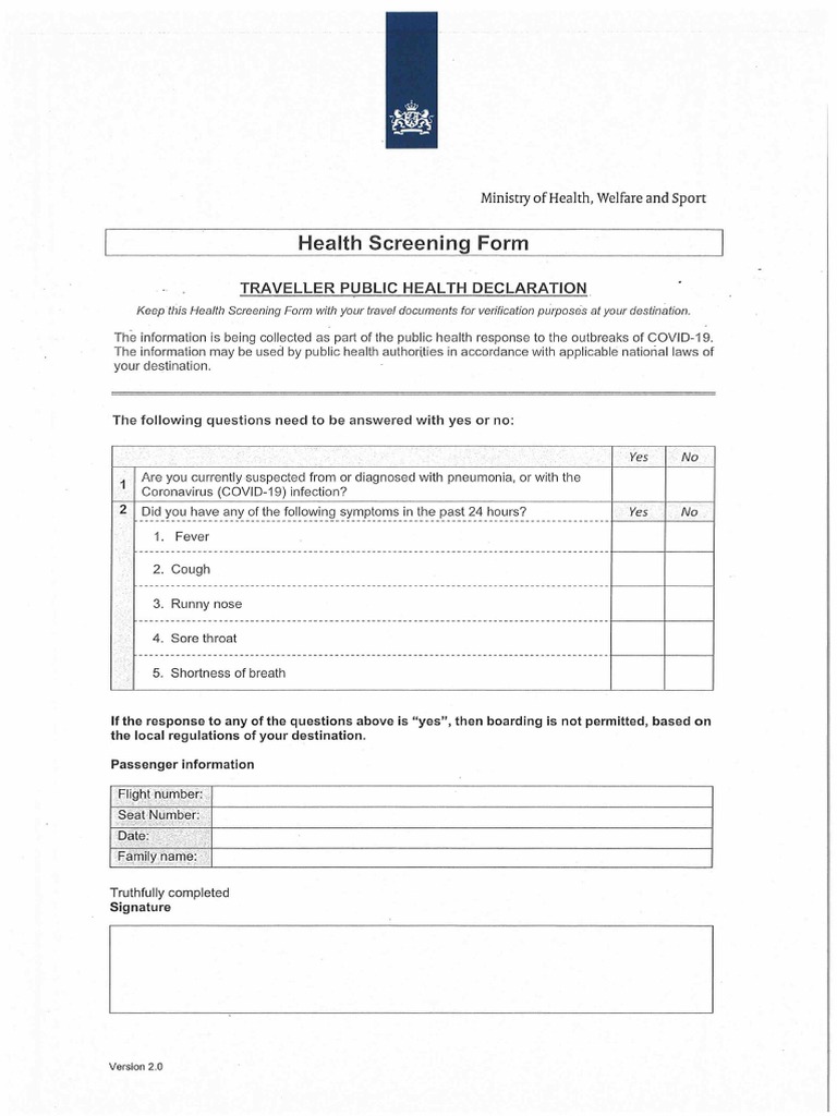 Health Screening Form: Traveller Public Health Declaration | PDF