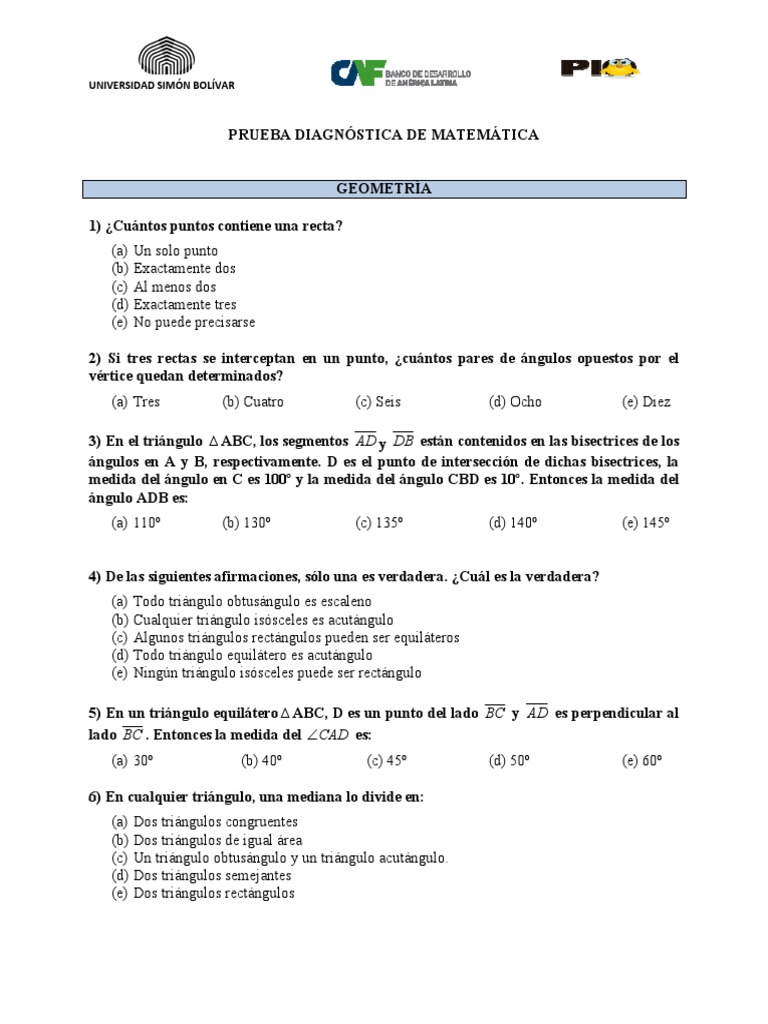 Prueba Diagnostica MATEMATICA | PDF | Triángulo | Rectángulo