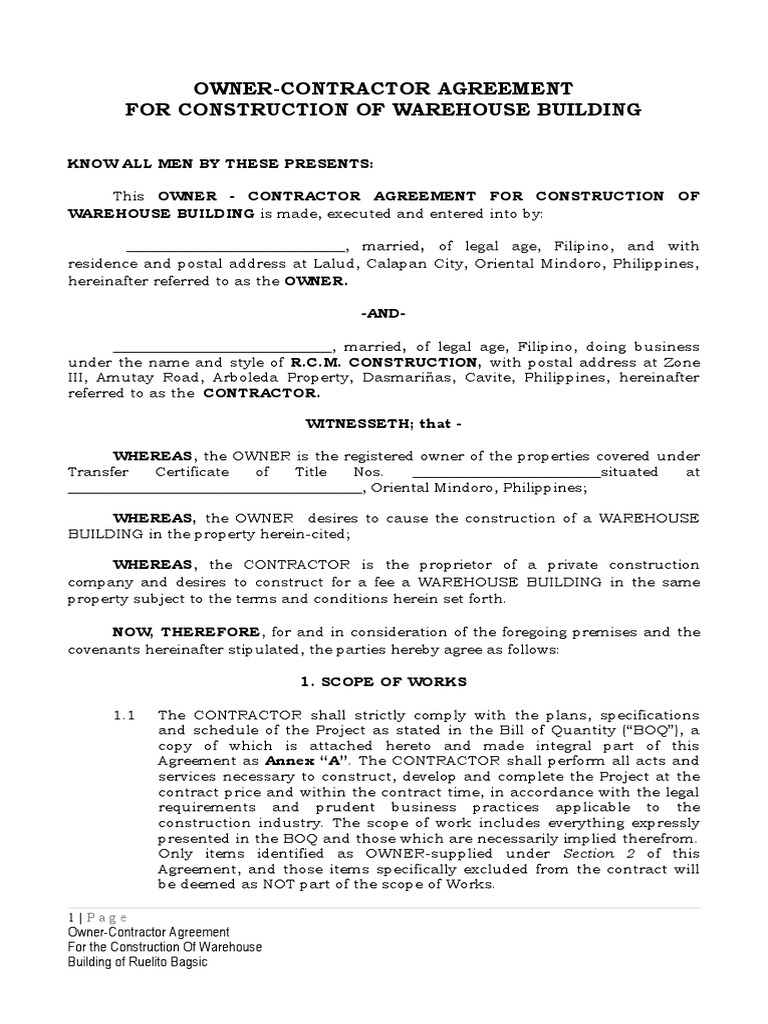 Owner-Contractor Agreement Construction of Warehouse | PDF | General ...