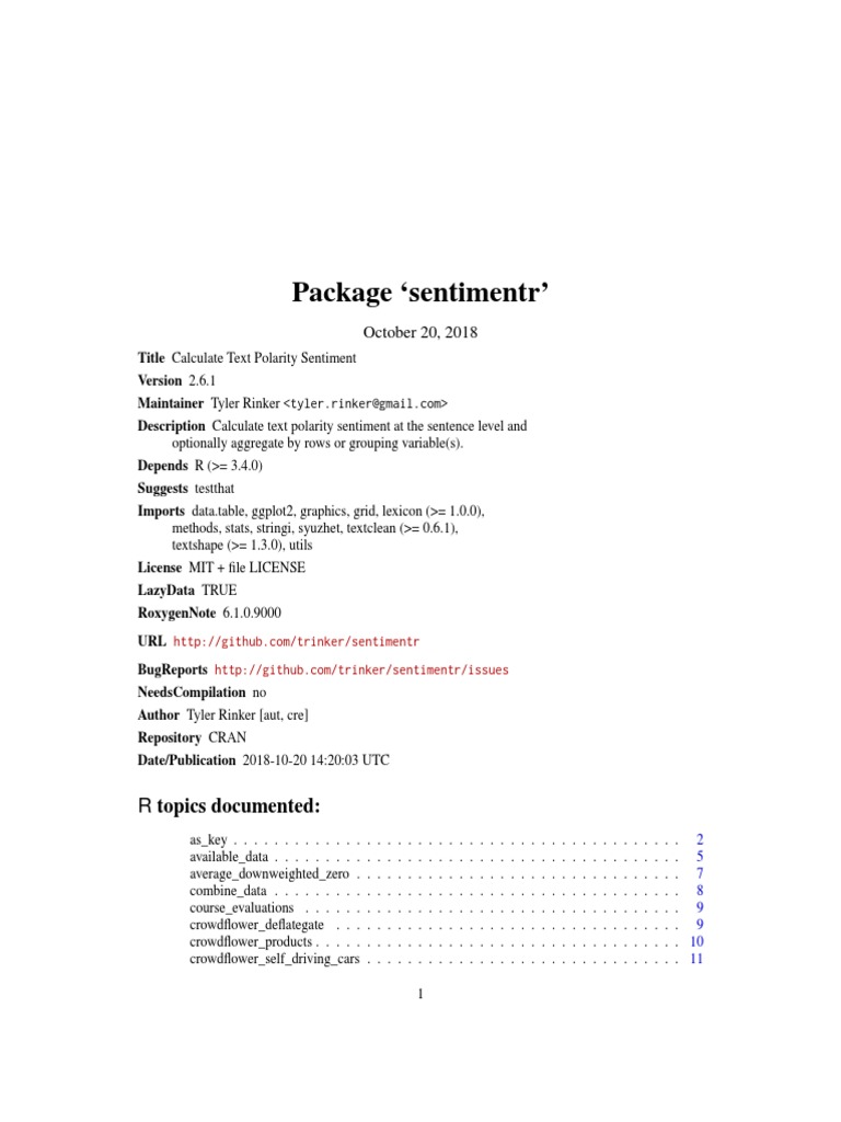 Package Sentimentr': R Topics Documented | PDF | Data Mining | Computer Data