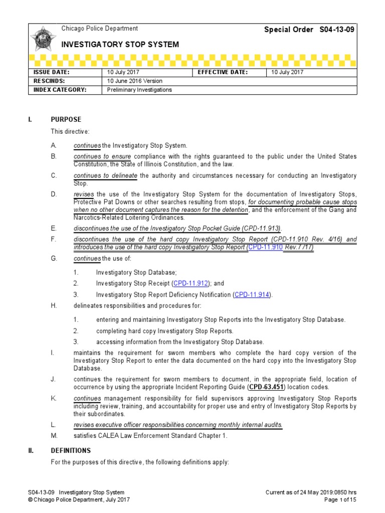 CPD Investigatory Stop Guidelines | PDF | Terry Stop | Reasonable Suspicion