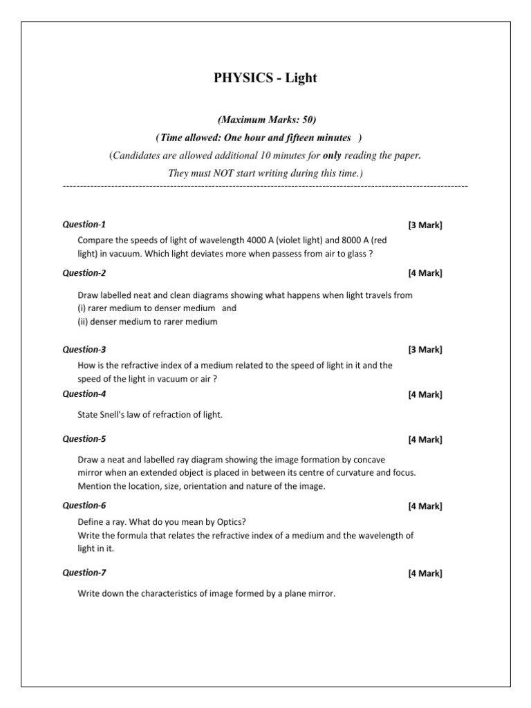 Physics Light Exam: Questions & Diagrams | PDF | Refractive Index ...