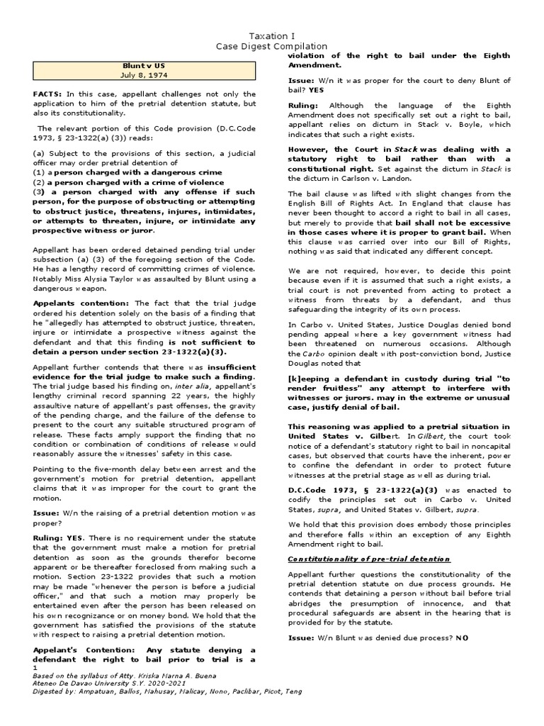 Taxation I Case Digest Compilation | PDF | Bail | Remand (Detention)