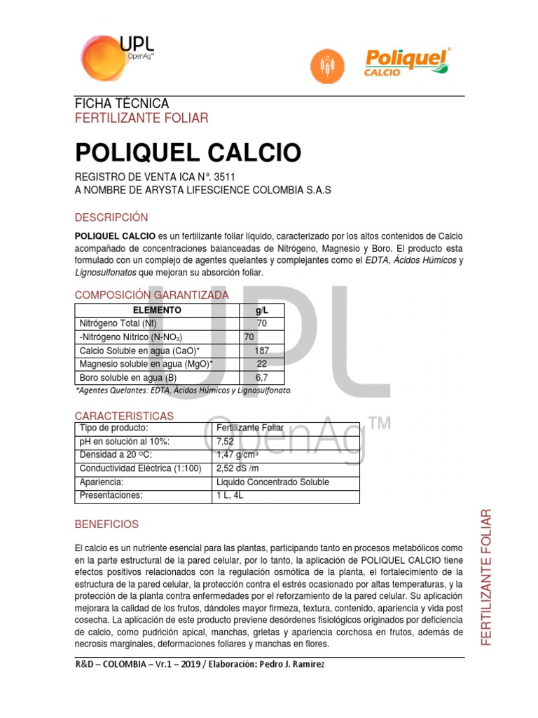 Poliquel Calcio Fert. Foliar | PDF | Calcio | Fertilizante