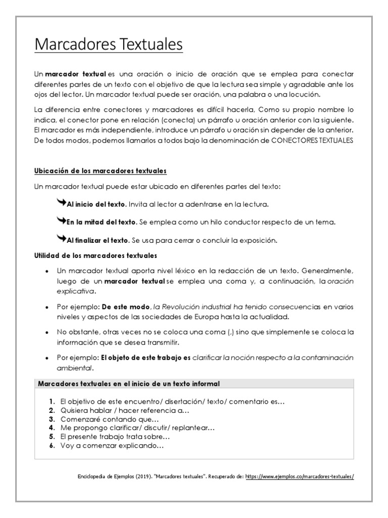 Marcadores Textuales PDF | PDF | Oración (Lingüística) | Science