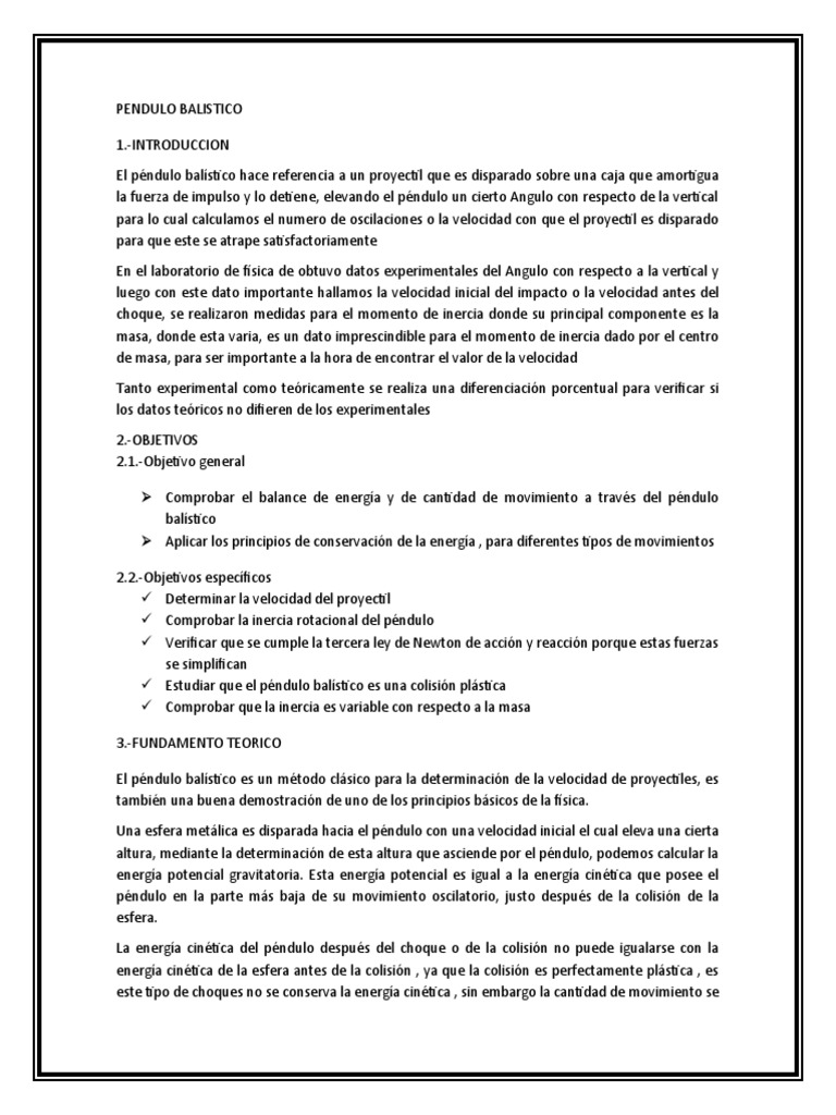 Análisis del Péndulo Balístico | PDF | Péndulo | Masa