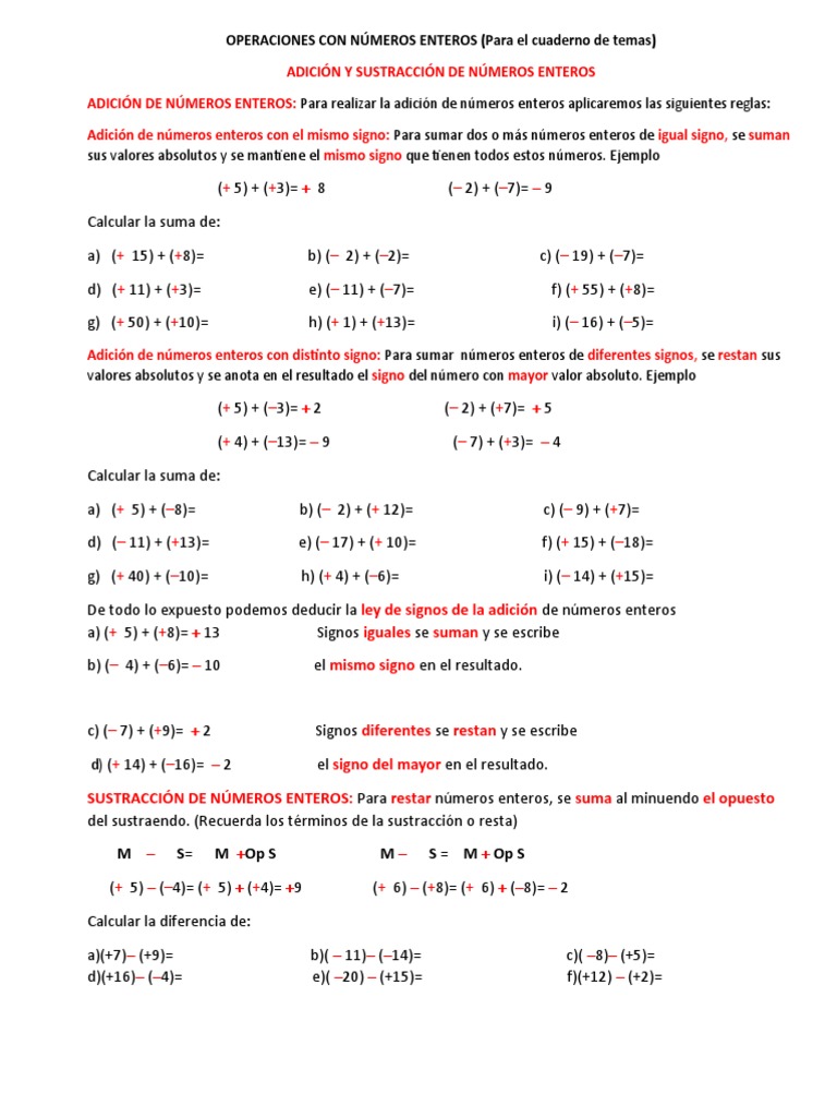 Operaciones Con Números Enteros | PDF | Sustracción | Entero