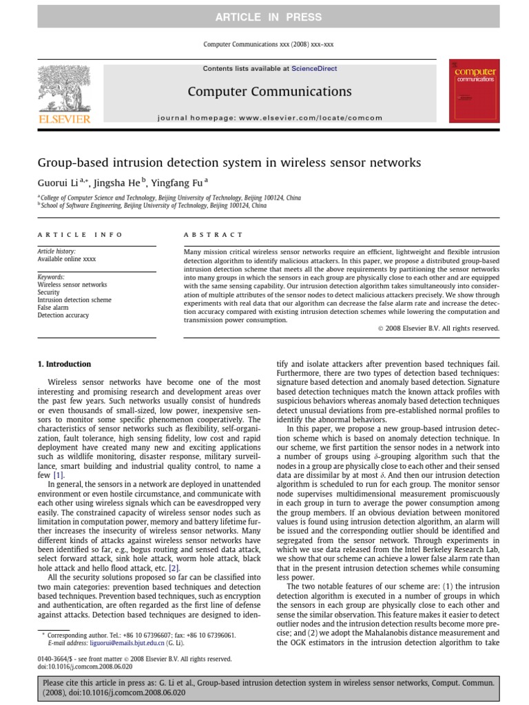 Group Based Ids in Wireless Sensor Networks | PDF | Wireless Sensor Network | Computer Network