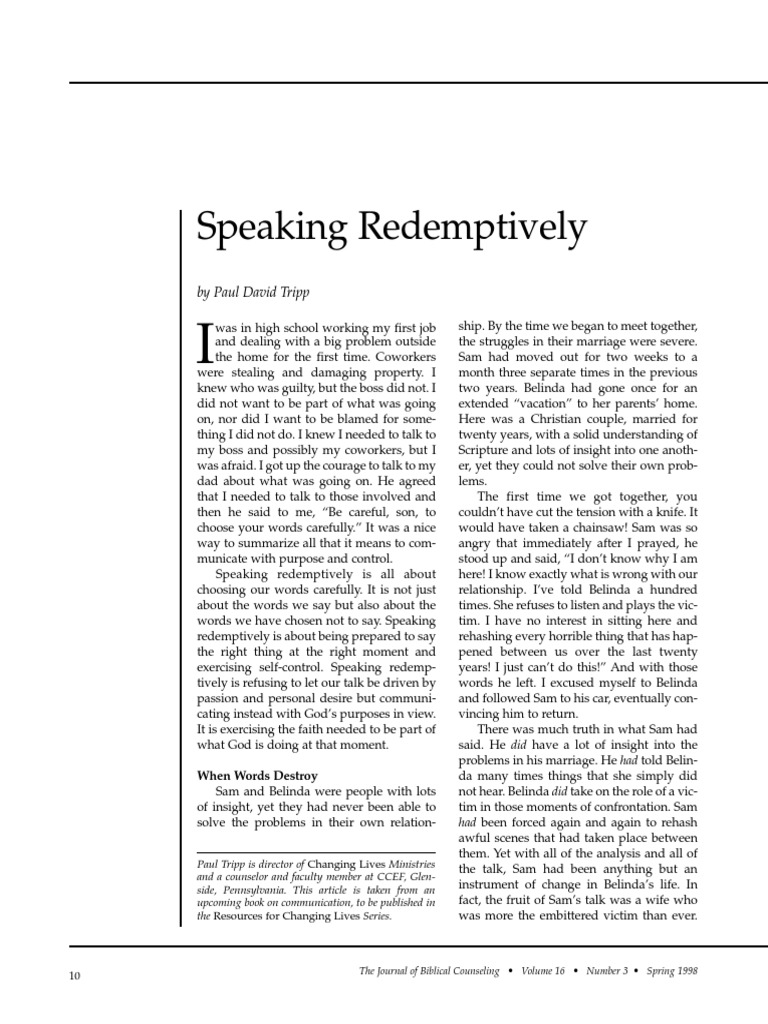Speaking Redemptively: by Paul David Tripp | PDF | Anger | Love