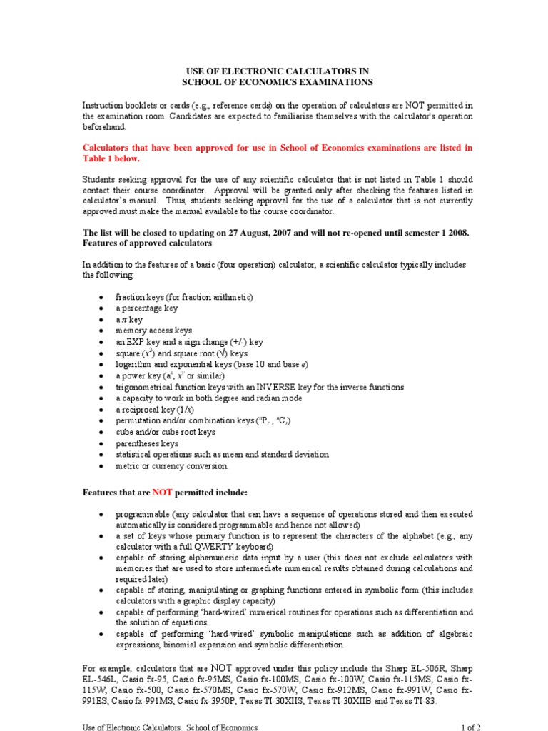 List of Approved Calculators. | PDF | Calculator | Mathematical Analysis