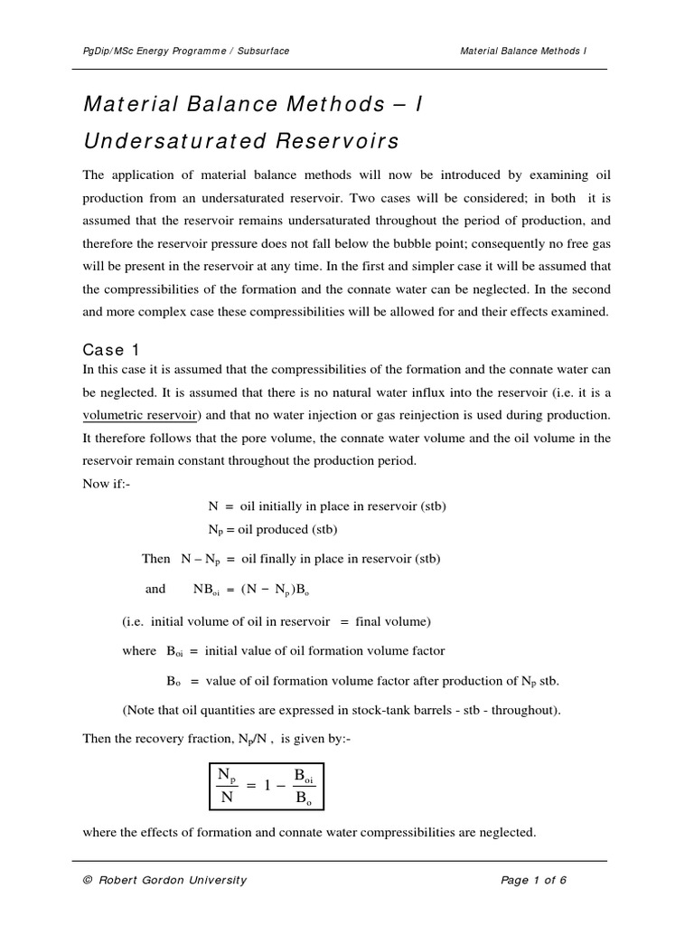 Material Balance Methods - I Undersaturated Reservoirs: Case 1 | PDF ...