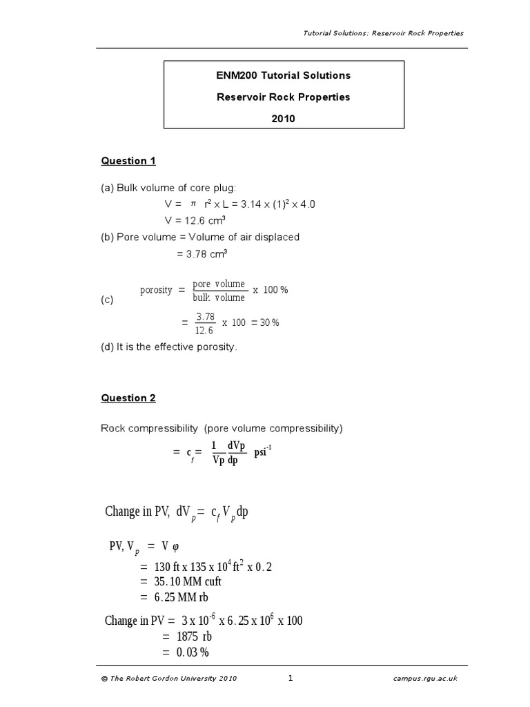 Change in PV, DV C DP: ENM200 Tutorial Solutions Reservoir Rock ...
