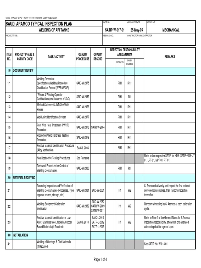 Saudi Aramco Welding Inspection Plan | PDF | Welding | Construction