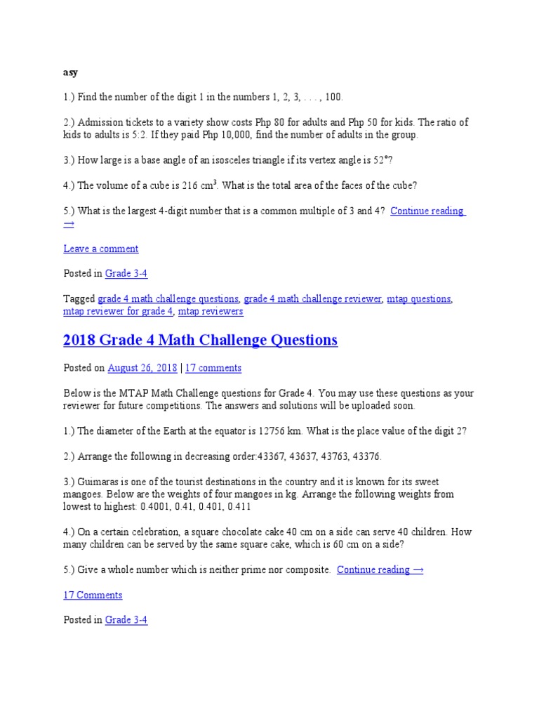 2018 Grade 4 Math Challenge Questions | Download Free PDF | Area | Numbers