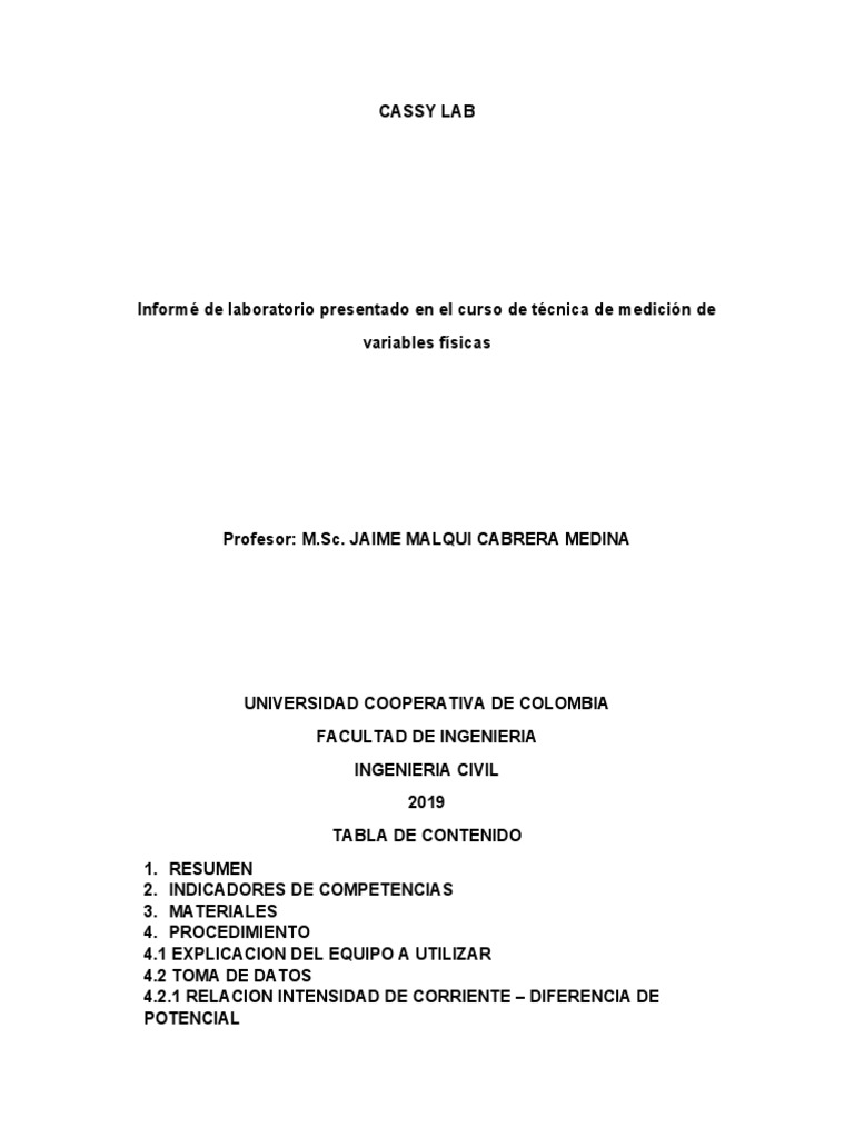 Imforme Laboratorio Cassy Lab | PDF | Resistencia Eléctrica y ...