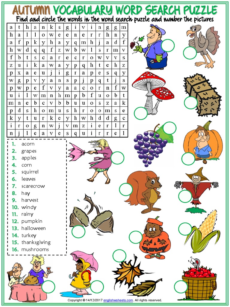 Autumn Vocabulary Esl Word Search Puzzle Worksheet For Kids | PDF