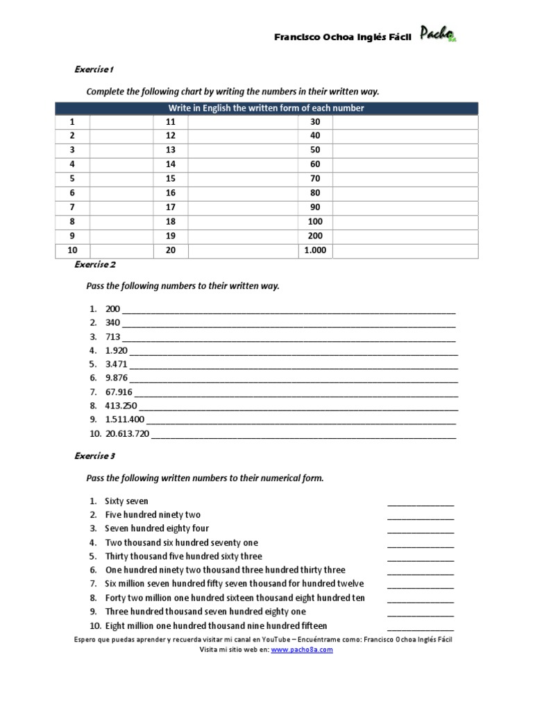 English Numbers Writing Exercises | PDF
