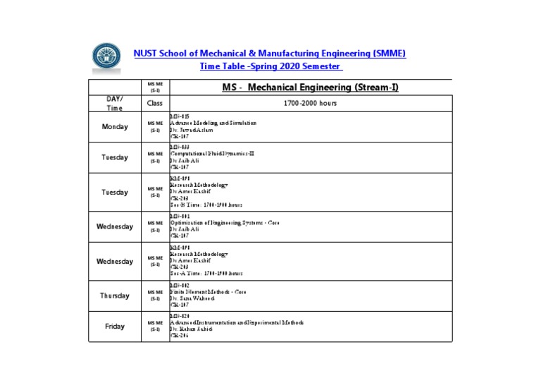 MS Mechanical Engineering Spring 2020 Timetable | PDF