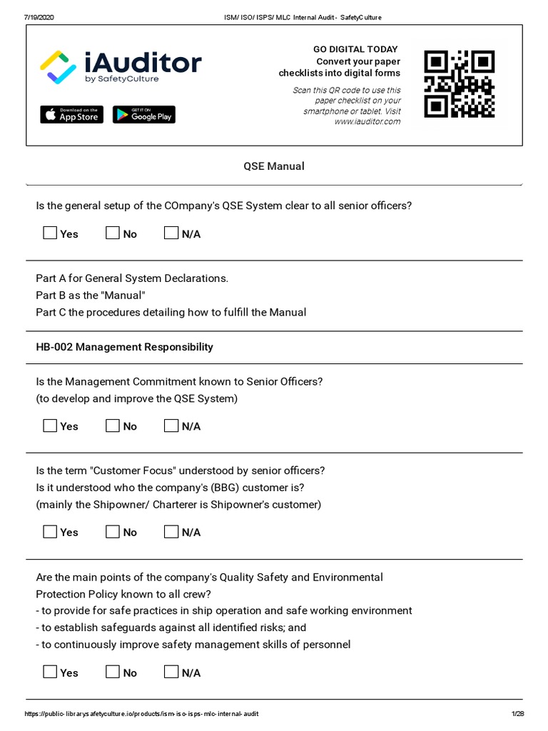 ISM - ISO - ISPS - MLC Internal Audit - SafetyCulture | PDF | Water ...