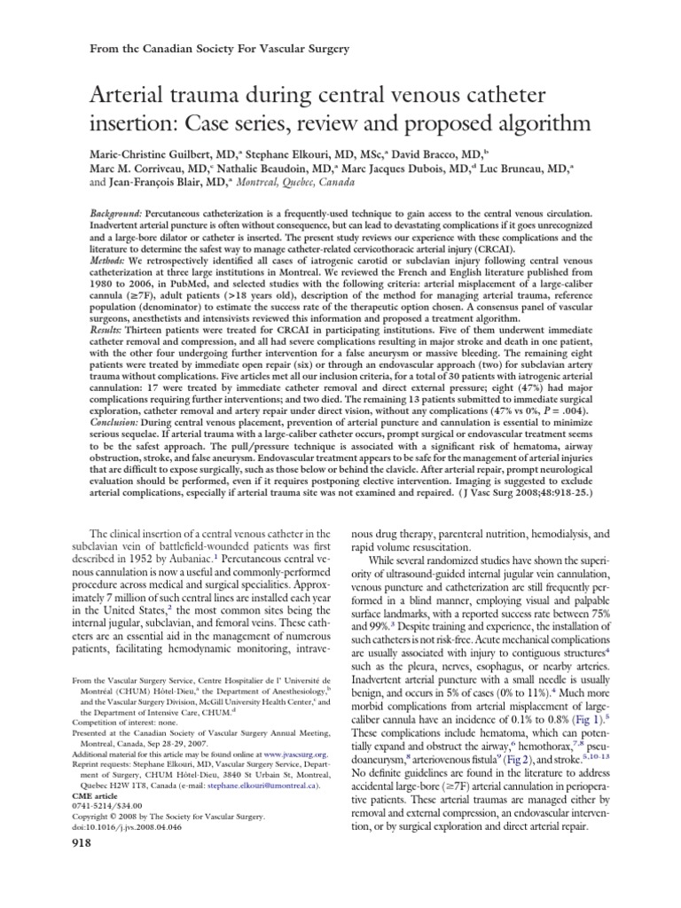 Arterial Trauma During Central Venous Catheter Insertion: Case Series ...