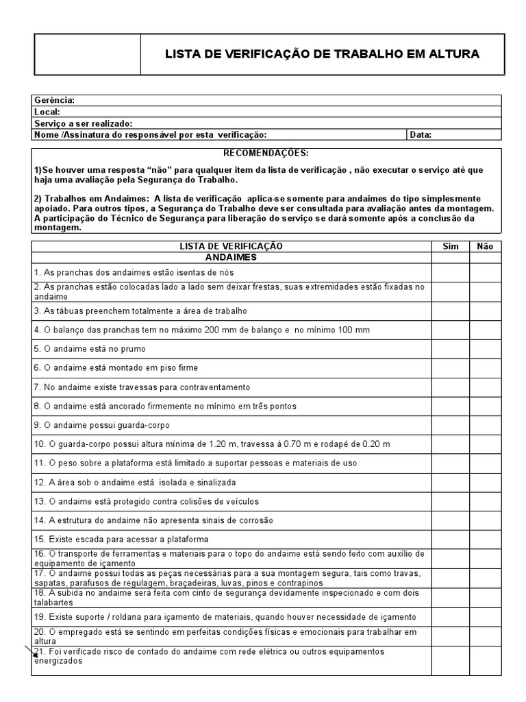 Checklist DE VERIFICAÇÃO DE TRABALHO EM ALTURA | Download grátis PDF ...