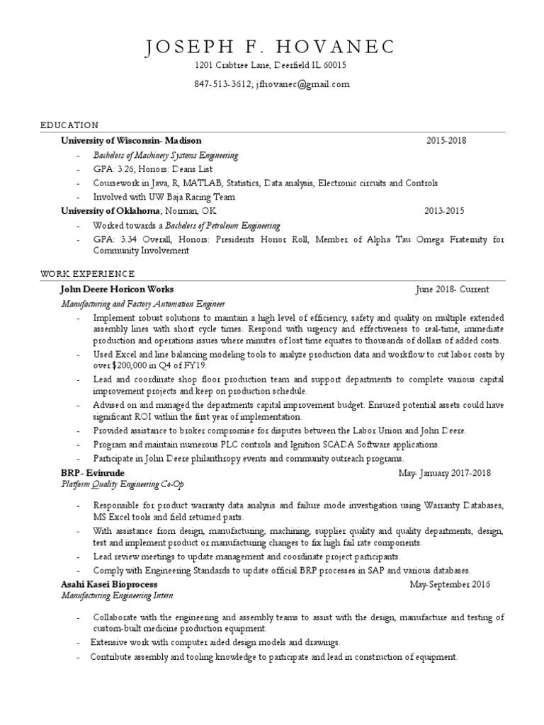 Joe Hovanec Resume Deere | PDF | Automation | Engineering